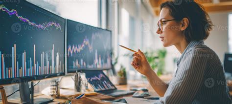 The Woman Analyzing Data Trends On Multiple Computer Screens In A Modern Office 66475853 Stock