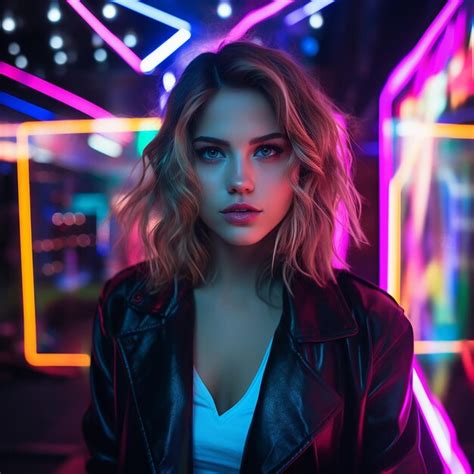 Premium Photo Portrait Of A Pretty Young Woman In Neon Lights With Dark
