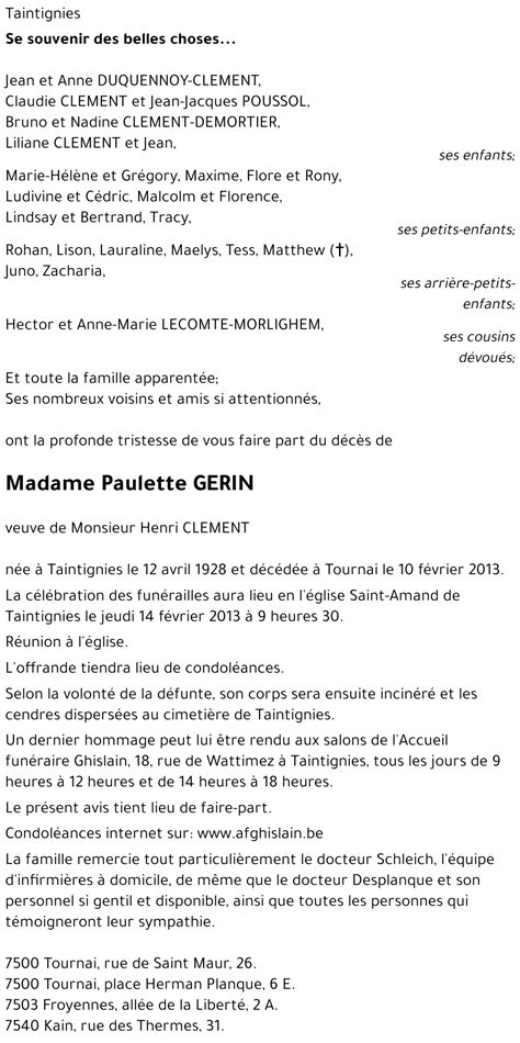 Avis De Décès De Paulette Gerin Décédé Le 10 02 2013 à Tournai Annonce Condoléances Fleurs