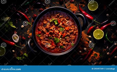 Chilli Con Carne Soup On A Dark Background Top View Mexican Food Stock