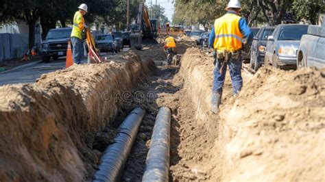 Construction Workers Laying Pipes In A Trench Stock Illustration Illustration Of Boots Ground