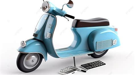 흰색 배경 3d 렌더링에 있는 빈티지 파란색 스쿠터 및 계산기 전기 자전거 전기 스쿠터 유동성 배경 일러스트 및 사진 무료