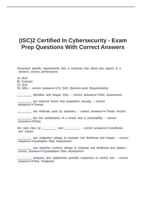Isc 2 Certified In Cybersecurity Exam Prep Questions With Correct Answers Certified In