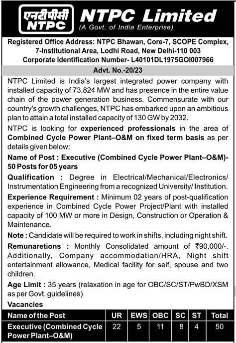 Ntpc Executive Recruitment 2023 Apply Online For 50 Engineering Vacancies