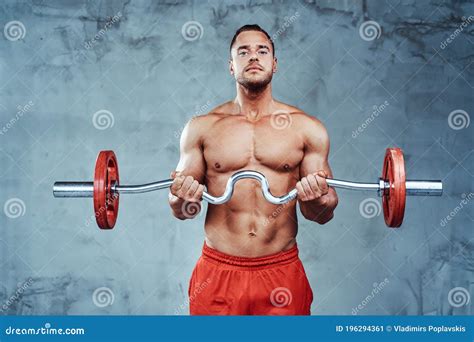 Powerful Sportsman With Formed Body Trains Weightlifting Stock Image