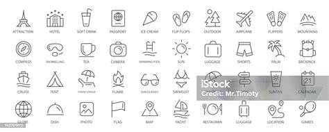 여행 및 관광 세트 여행 아이콘의 집합입니다 여름 휴가 해변 요소 관광 간단한 아이콘 컬렉션입니다 평면 디자인으로 설정된 큰 Ui 아이콘입니다 벡터 그림 아이콘에 대한 스톡