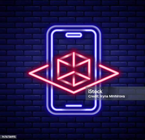 벽돌 벽 배경에 격리 된 빛나는 네온 라인 3d 모델링 아이콘 증강 현실 또는 가상 현실 다채로운 개요 개념 벡터 3차원 형태에