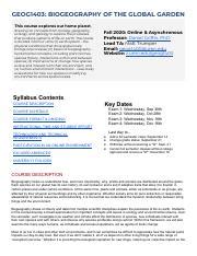 GEOG1403 Syllabus Fall2020 Pdf GEOG1403 BIOGEOGRAPHY OF THE GLOBAL