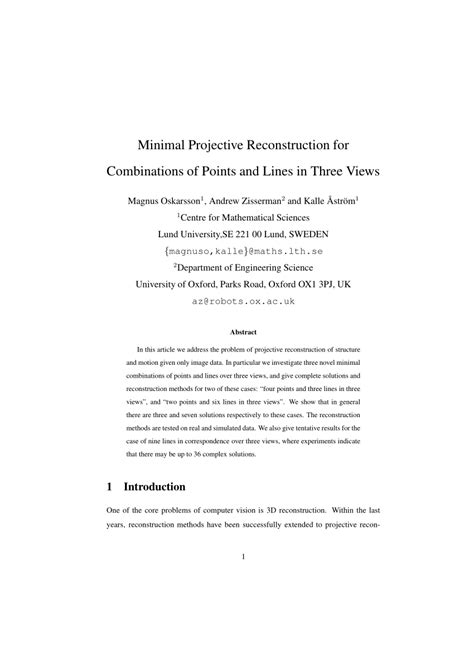 Pdf Minimal Projective Reconstruction For Combinations Of Points And