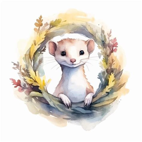수채화 그림 스타일로 화환에 귀여운 족제비 만화 프리미엄 벡터