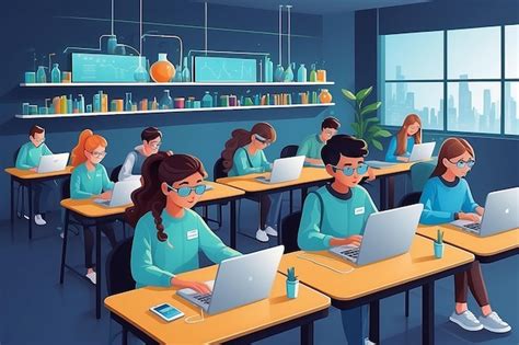 Premium Photo Students Simulating Experiments On Laptops Vector