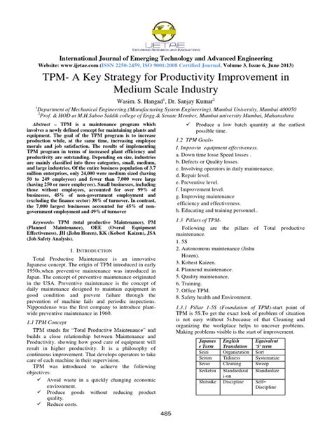 Tpm A Key Strategy For Productivity Impr Pdf Sheet Metal