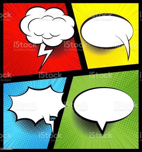 팝 아트 스타일의 다른 모양의 빈 흰색 연설 거품과 다채로운 만화 배경입니다 광선 방사형 하프톤 점선 효과 0명에 대한 스톡 벡터 아트 및 기타 이미지 Istock