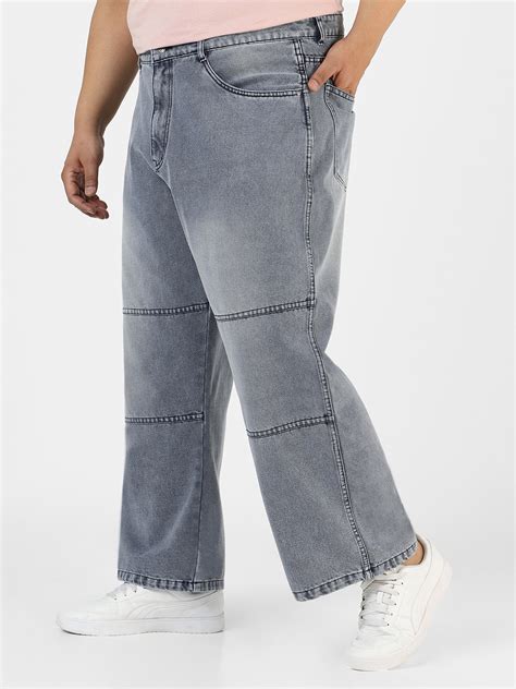 Plus Mens Grey Loose Baggy Fit Cut And Sew Panelled Jeans Non Stretch