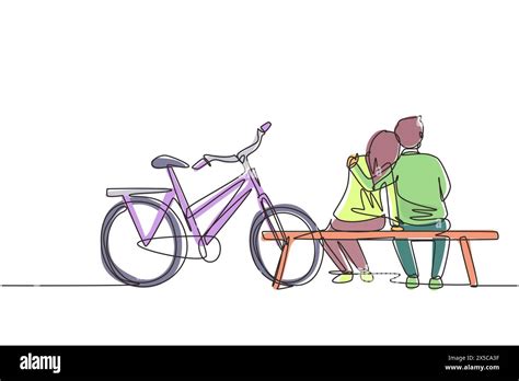 Single Continuous Line Drawing Romantic Couple Chatting While Sitting On Bench Happy Man Woman
