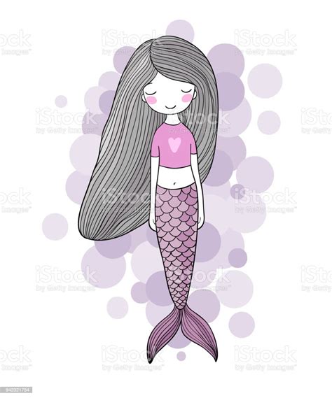 긴 머리를 가진 아름 다운 귀여운 만화 인 어입니다 사이렌입니다 바다 테마입니다 0명에 대한 스톡 벡터 아트 및 기타 이미지