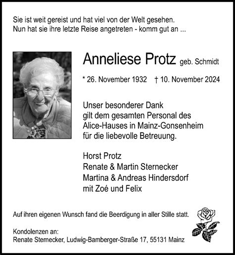 Traueranzeigen Von Anneliese Protz Vrm Trauer De