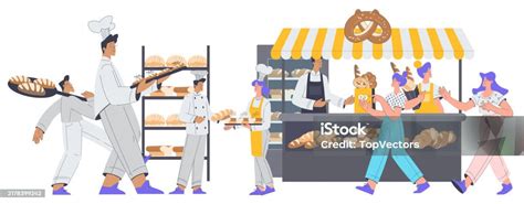 빵집 와 사람들 제빵사 캐릭터 에서 제복 굽기 와 판매 빵 와 생과자 벡터 일러스트 빵에 대한 스톡 벡터 아트 및 기타 이미지 Istock