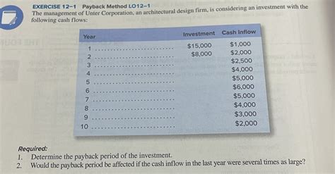 Solved Exercise 12 1 Payback Method Lo12 1 The Management Of Unter Corporation An