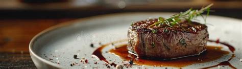 Gourmet Seared Protein Presentation A Single Filet Mignon With Rosemary Garnish And Red Wine