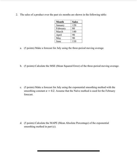 Solved 2 The Sales Of A Product Over The Past Six Months Chegg Com