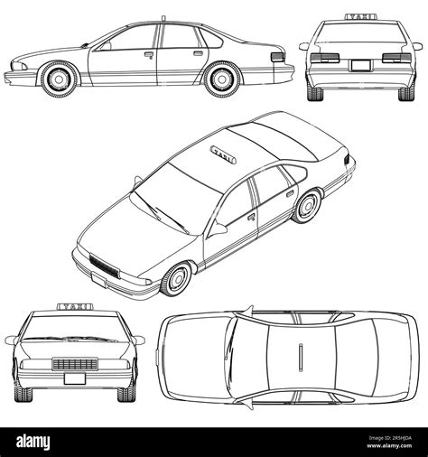 Taxi Car Outline Set From Black Lines Isolated On White Background Isometric View Side Front