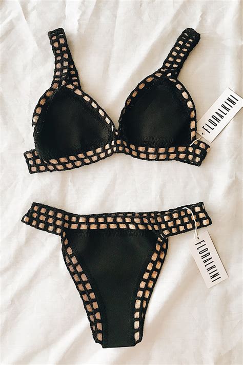 Black Handmade Crochet Reversible Triangle Bikini Top Floralkini