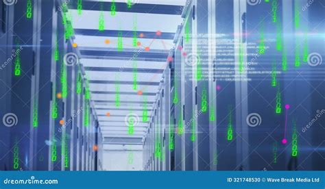 rows of server racks in data center with digital data overlay stock