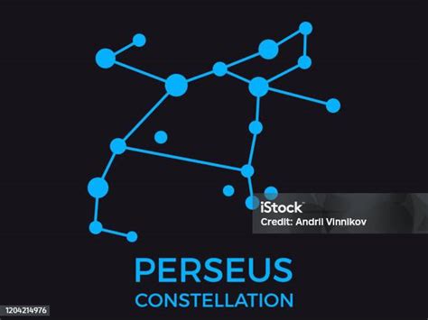 페르세우스 별자리 밤 하늘에 별입니다 별과 은하의 클러스터 검은 색 배경에 파란색의 별자리입니다 벡터 일러스트레이션 페르세우스에