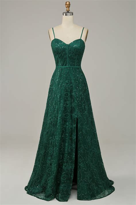 Zapaka Women Prom Dress Dark Green Lace Spaghetti Straps Corset Formal