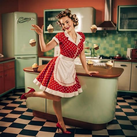 Retro Pinup Girl Posing In A Kitchen Premium Ai Generated Image