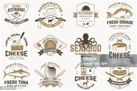 치즈 가족 농장 해산물 및 레스토랑 복고풍 배지 세트 벡터 해산물 상징 간판 패치 셔츠 치즈 참치 송어 새우 문어 게 홍합 및