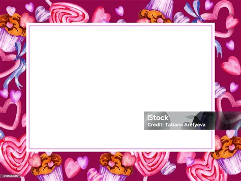 다른 수채화 하트 과자 막대 사탕 사탕 및 머핀 손으로 그리기 그림 핑크 파티 장식을위한 보라색 배경에 라일락 색상 스케치와 발렌타인 데이 테마의 흰색 프레임 결혼식에 대한