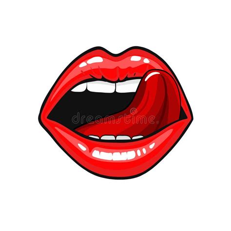 Female Tongue Liking Glossy Lips Vector Illustration Isolated On White