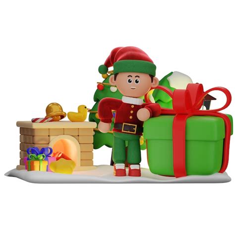 Personaje De Niño En 3d De Navidad Apoyándose En La Pose Del Regalo