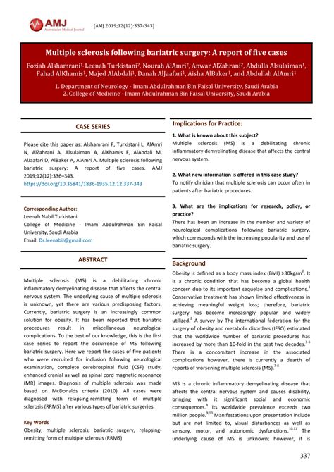 Pdf Multiple Sclerosis Following Bariatric Surgery A Report Of Five