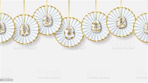 현실적인 황금 계란과 종이 꽃 부활절 원활한 흰색 테두리 3차원 형태에 대한 스톡 벡터 아트 및 기타 이미지 3차원 형태 계절 공휴일 Istock