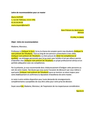 Exemple De Demande De Lettre De Recommandation Exempl