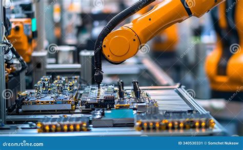 Robot Arm Assembling Components On A Circuit Board Industrial Setting