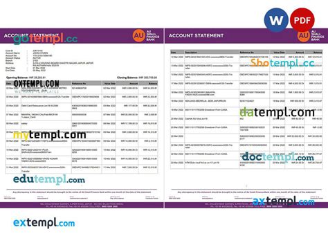 Doctempl India AU Small Finance Banking Statement Word And PDF Template Pages Page
