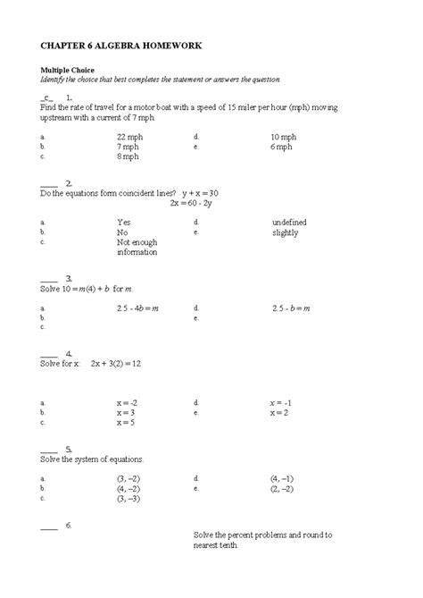 Homework Chapter 06 CHAPTER 6 ALGEBRA HOMEWORK Multiple Choice
