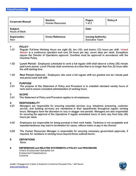 Working Hours Policy Template