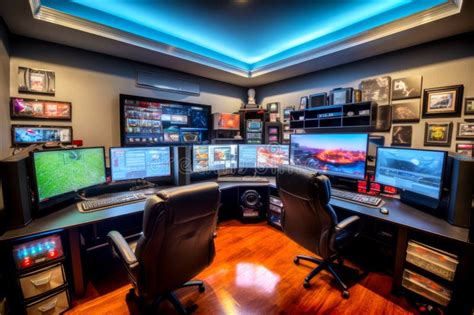 Room Filled With Lots Of Computer Monitors And Desk With Two Chairs Generative Ai Stock