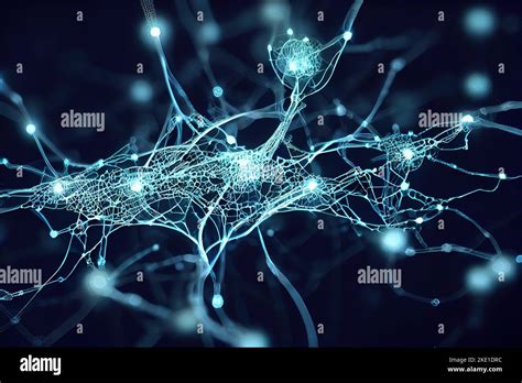 Illustration Of White Neural Network With Shining Impulses On Dark Blue
