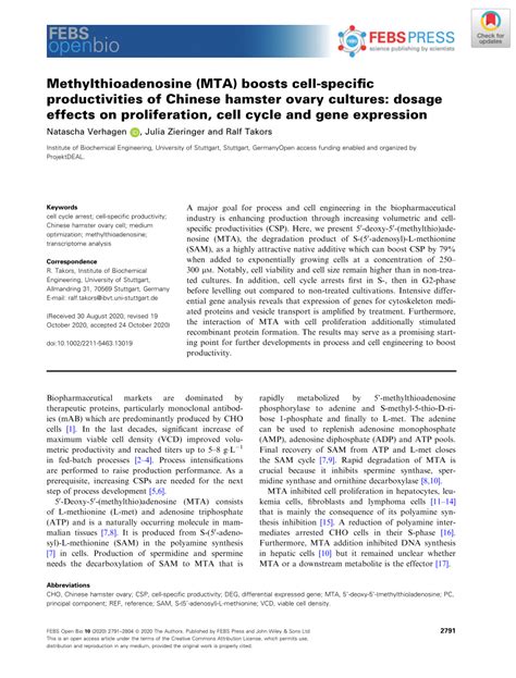 Pdf Methylthioadenosine Mta Boosts Cell‐specific Productivities Of