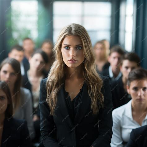 Premium Ai Image Beautiful Blonde Businesswoman Giving Corporate Speech