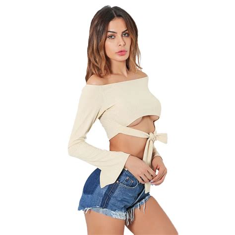 2017 Sexy Crop Top Off Shoulder Short Tee Shirt Exposed Navel Bow Tie