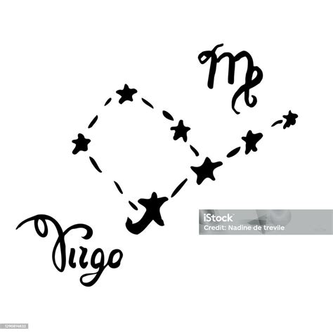 별자리 처녀자리 벡터 그림입니다 흰색 배경에 손으로 그려진 조디악 기호 기호 및 서예 이름 낙서 스타일 별자리 엽서 및 점성술 책 계절에 대한 스톡 벡터 아트 및 기타