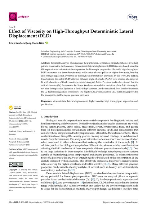 Pdf Effect Of Viscosity On High Throughput Deterministic Lateral Displacement Dld