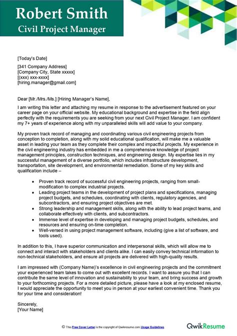 Civil Project Manager Cover Letter Examples Qwikresume